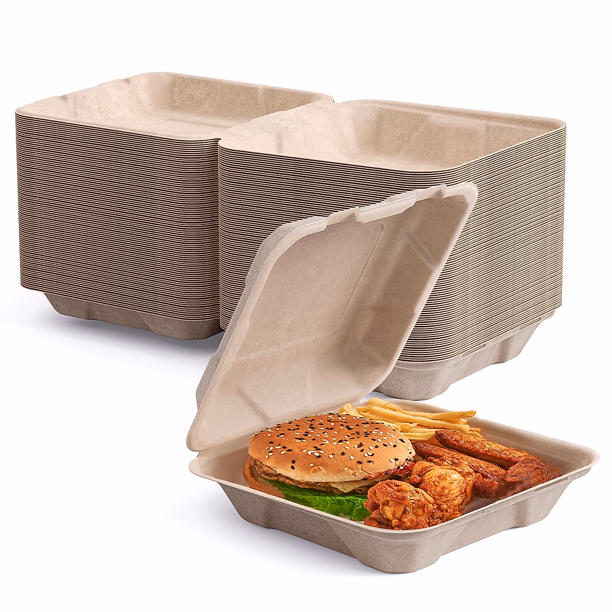 ECOLipak 50 Pack Clamshell To Go Containers, 100% Compostable Disposable Take Out Food Containers, 8X8 inch Heavy-Duty To Go Boxes, Eco-Friendly Biodegradable To Go Containers For Food