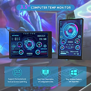 Gugxiom 3.5" Computer Temp Monitor, 320×480 IPS Full Viewing Angle 360° Rotatable PC Temperature Display Screen, CPU Hardware Temperature Monitor for Windows Only