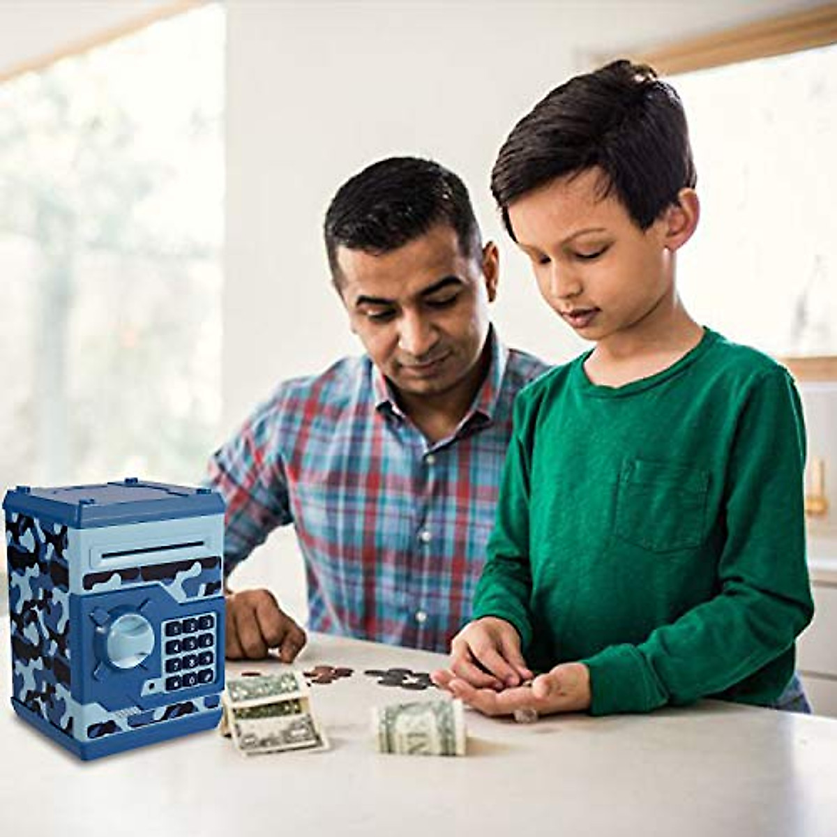 SAOJAY Kids Money Bank, Electronic Password Piggy Bank Mini ATM Cash Coin Money Box for Kids Birthday Toy for Children (Camouflage Blue)