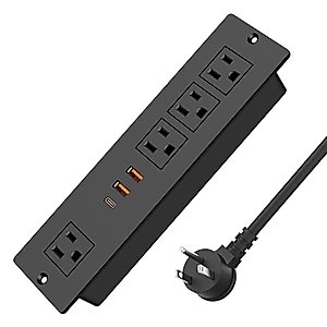 Type-C Recessed Power Socket, 20W PD Fast Charging USB-C QC3.0 3A USB-A Power Strip, Plug in 4 Outlets & 2 USB-A Ports &1 USB-C Port,Connect Flat Plug 6.5ft Extension Cord Black