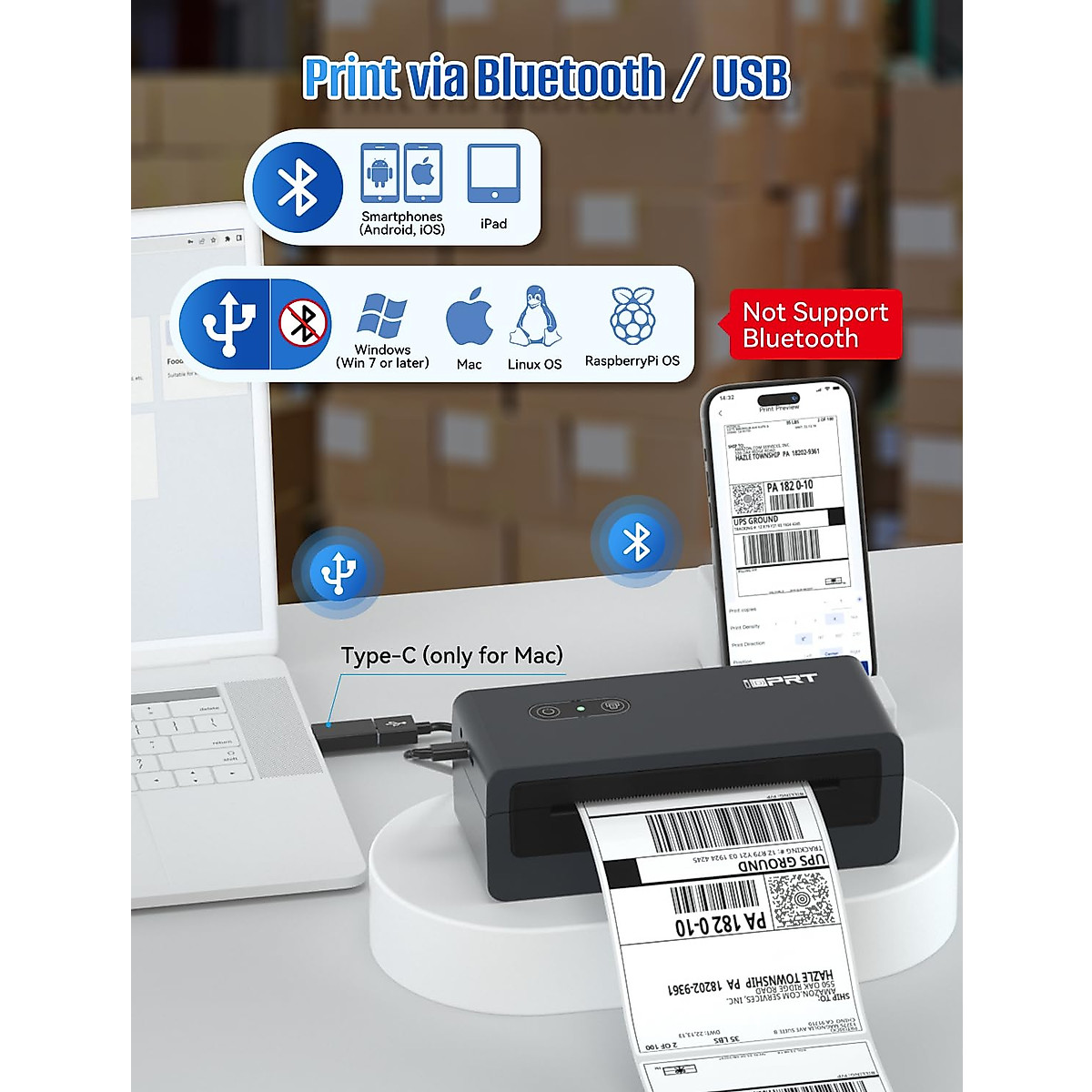 iDPRT Bluetooth Thermal Label Printer for Phone via APP, 4X6 Shipping Label Printer for Small Business and Shipping Package, Support USB for Windows, Mac, Used for Amazon, Shopify, Ebay, UPS, USPS