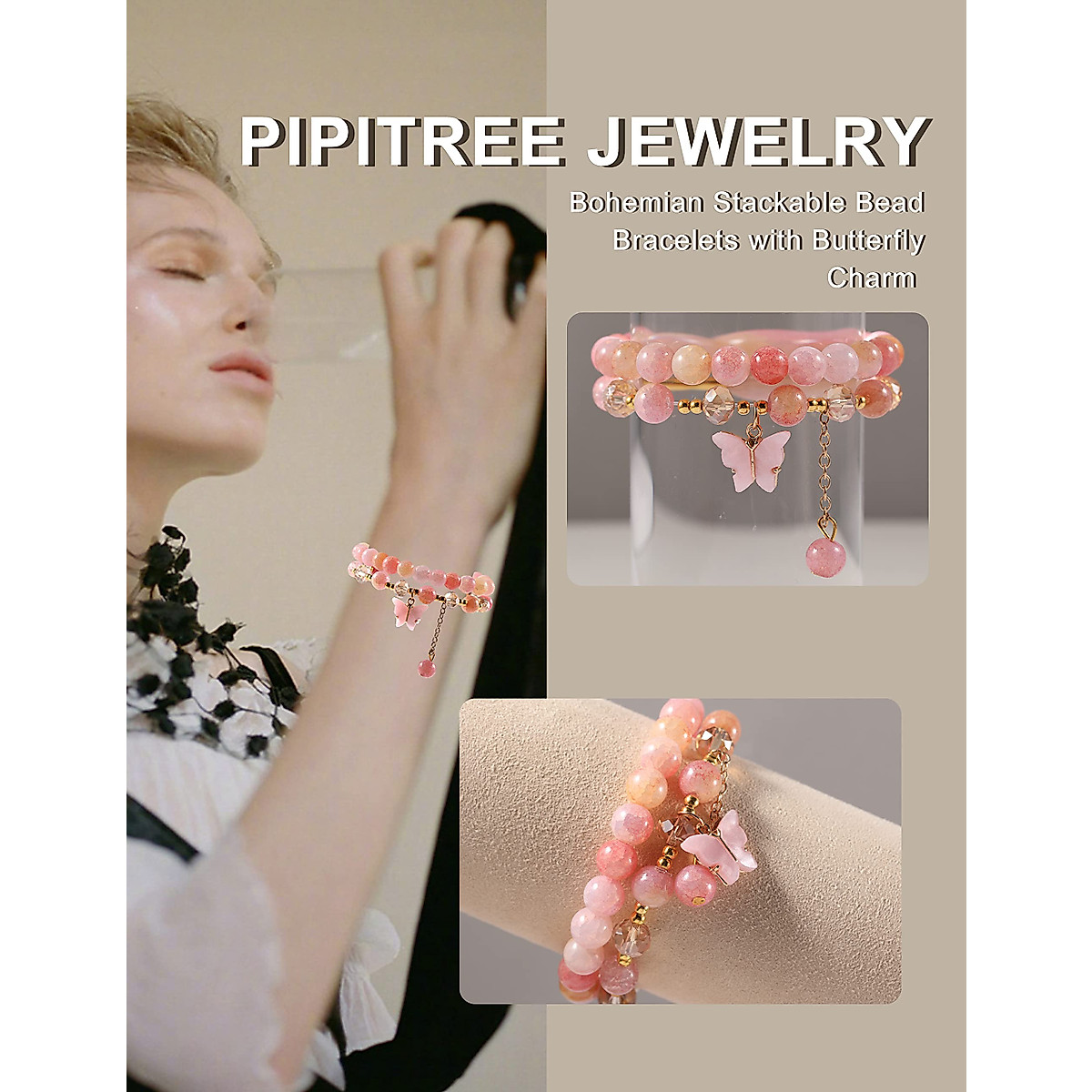 PIPITREE 10Pcs Beaded Crystal Bracelets for Women, Bohemian Stackable Bead Bracelets with Butterfly Charm Multilayered Bracelet Pack Handmade Jewelry