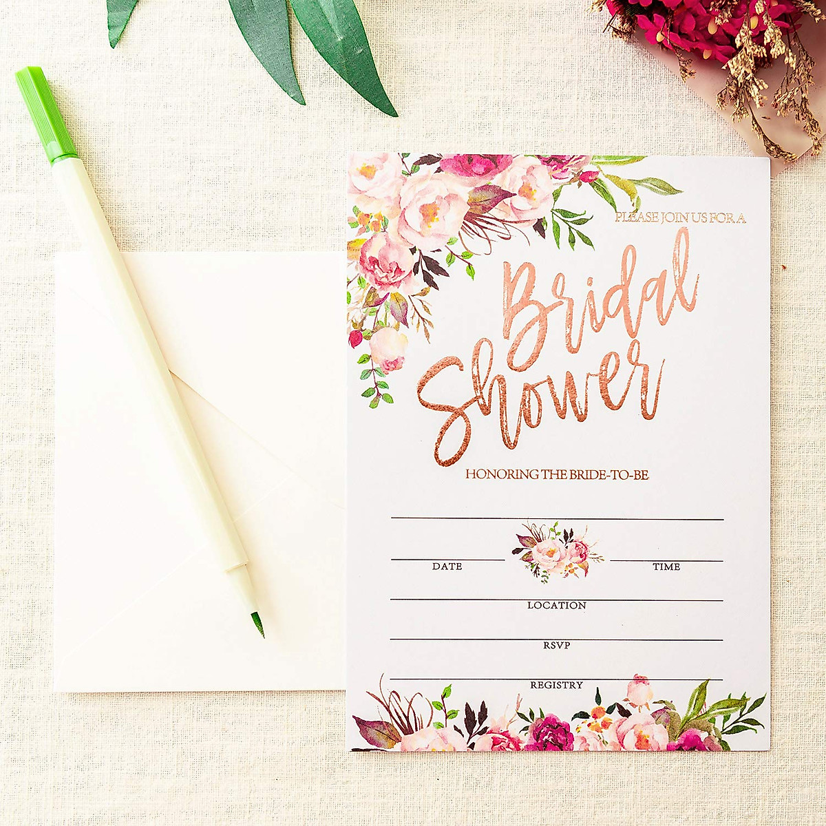 Crisky Rose Gold Foil Bridal Shower Invitation with Envelopes, Bridal Shower Invite, Wedding Shower Invitations, 25 pcs Cards & 25 pcs Envelopes & 25 pcs Stickers