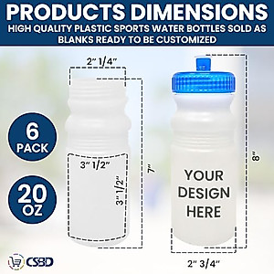 CSBD 20 oz Sports Water Bottles, 6 Pack, Reusable No BPA Plastic, Pull Top Leakproof Drink Spout, Blank DIY Customization for Business Branding, Fundraises, or Fitness Frost Bottle Trans Blue Lids