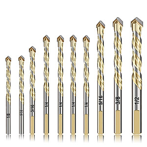 10 Pieces Masonry Drill Bits Set Glass Drilling Bits for Ceramic Tile Wood Porcelain Mirror Plastic Marble Wall with Strength Carbide Tips in Sizes-1/8, 5/32, 3/16, 1/4, 5/16, 3/8, 1/2 Inch, Gold