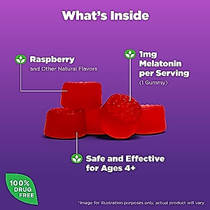 Natrol Kids Melatonin 1mg, Supplement for Restful Sleep, Sleep Gummies for Children, 90 Raspberry-Flavored Melatonin Gummies, 90 Day Supply