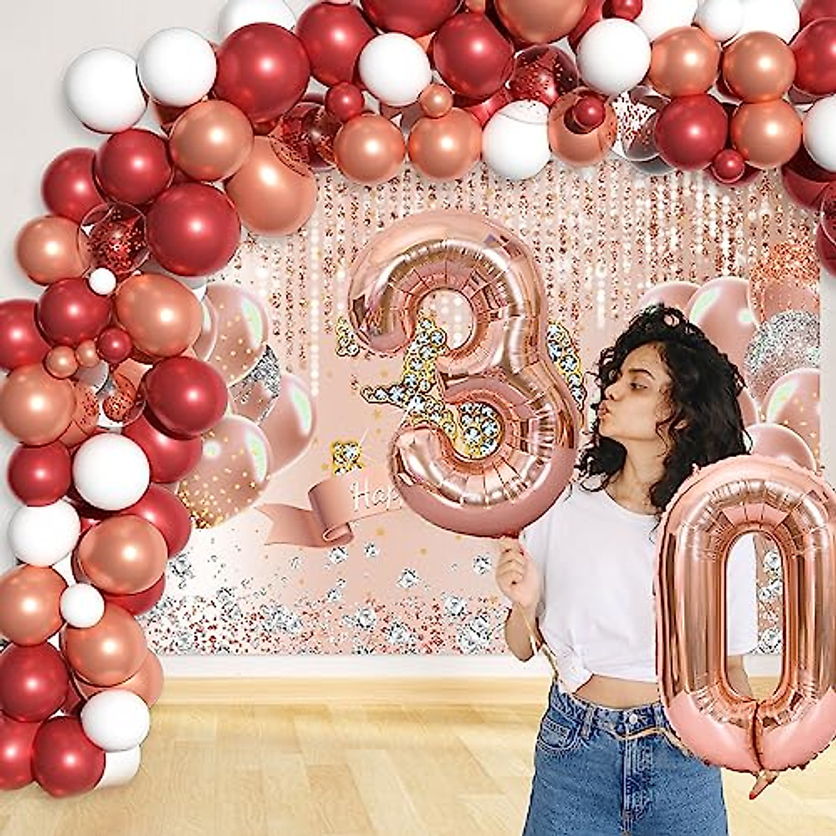 30th Birthday Decorations for Women - Rose Gold Happy 30th Birthday Decor Include Balloon Garland Arch Kit,30th Birthday Backdrop,Tablecloth,Number 30 Foil Confetti balloon 30 Years Old Party Supplies