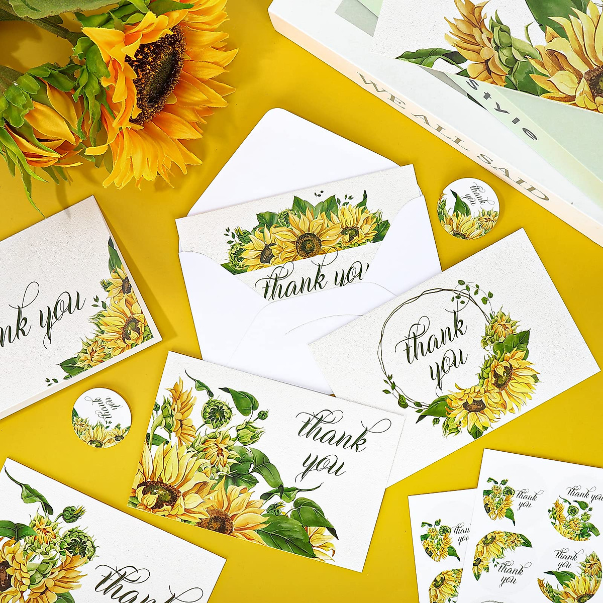 AnyDesign Sunflower Thank You Cards Bulk 30 Pack Thank You Notes with Matching Seal Stickers White Envelopes Floral Greeting Cards for Wedding Baby Shower Bridal Birthday Party, 4 x 6 Inch