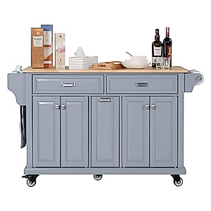Cambridge Rolling Kitchen Island on Wheels Utility Cart with Spice and Towel Racks and Rubber Wood Countertop, Storage Drawers, Door Cabinets, Gray