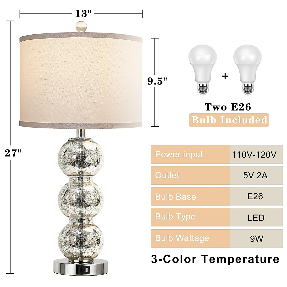 Set of 2 Table Lamps for Living Room Glass Triple-Sphere 27" Tall Table Lamp Contemporary Bedside Desk Nightstand Lamp for Bedroom Living Room Office, Mercury Silver/Chrome