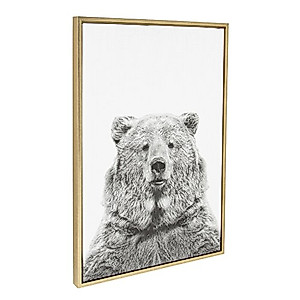 Kate and Laurel Sylvie Bear Animal Print Black and White Portrait Framed Canvas Wall Art by Simon Te Tai, 23x33 Gold