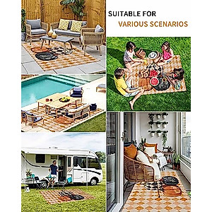 Thanksgiving Fall Outdoor Rug for Patio/Deck/Porch, Non-Slip Large Area Rug 6x9 Ft, Orange Black Pumpkin Fall Orange Plaid Indoor Outdoor Rugs Washable Area Rugs, Reversible Camping Rug Carpet Runner