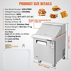 VEVOR 28" Commercial Refrigerator Sandwich & Salad Prep Table, 7.4 Cu. Ft Stainless Steel Refrigerated Food Prep Station with 12 Pans, Cut Board, Frost Free Refrigerator with Lock for Restaurant