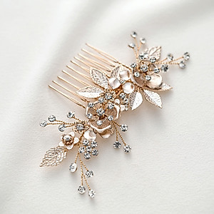 SWEETV Light Rose Gold Wedding Hair Comb Clip,Handmade Bridal Hair Accessories for Women Wedding