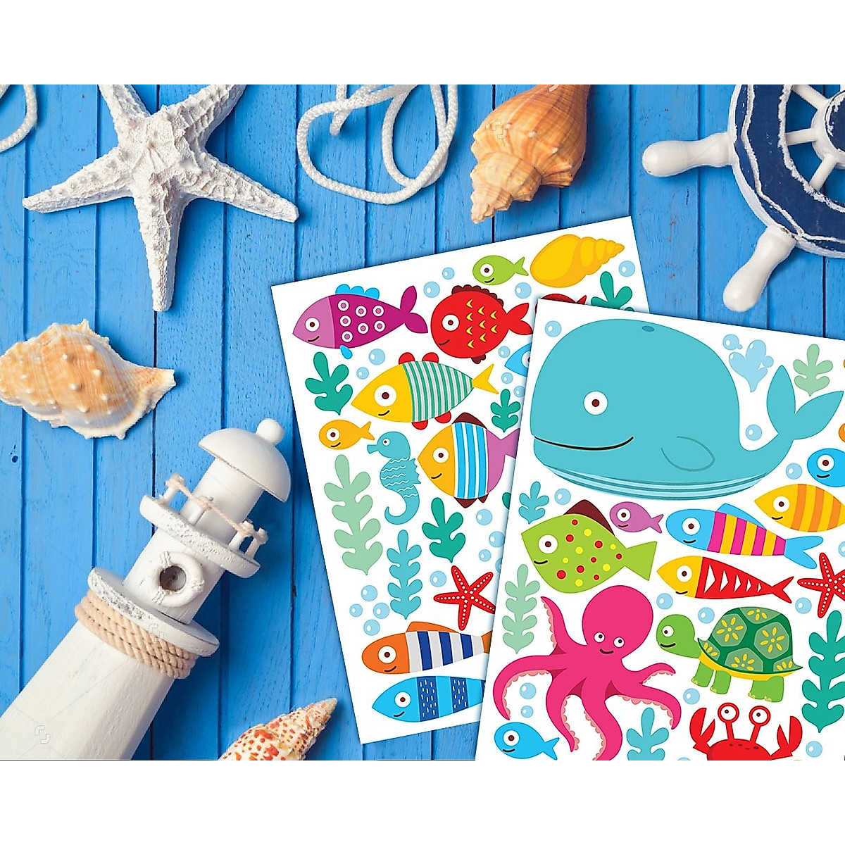 Ocean Fish Wall Decals – Sea Whale Turtle Tropical Creatures Bathroom Stickers - Cartoon Decorative Bathroom Wall Decal for Kids [>50 Art Decals]