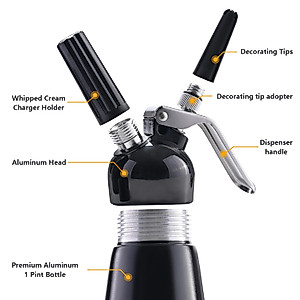 250ML AmazWhip Cream Dispenser For All Cold Applications-Durable Aluminum Alloy Cream Whipper With 3 Decorating Nozzles & 1 Cleaning Brush (Black)