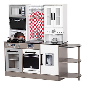 BRINJOY Kids Kitchen Playset, Wooden Toddler Kitchen Set w/Curtains, Coffee Maker, Storage Shelf, Stove,Sink, Utensils, Light & Sound, Kids Pretend Play Kitchen Toy Gift for Girls Boys (3-Stage)