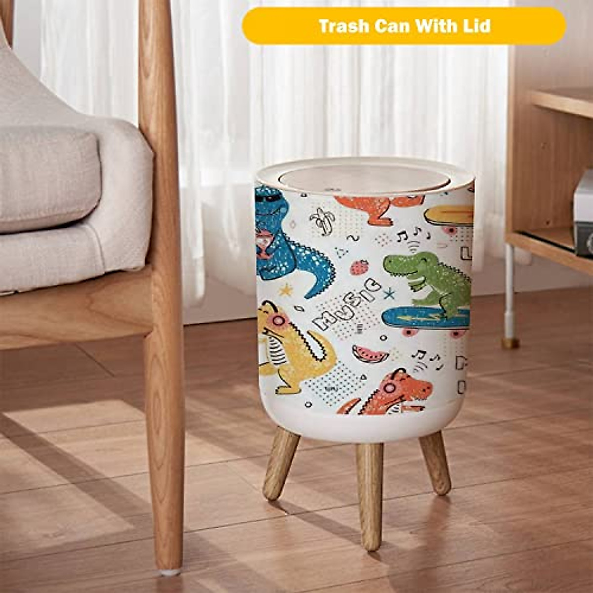 Small Trash Can with Lid Music Lover Dinosaur Seamless for Kids Fashion Childish with Cute Wood Legs Press Cover Garbage Bin Round Waste Bin Wastebasket for Kitchen Bathroom Office 7L/1.8 Gallon