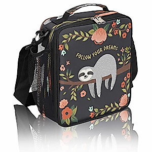 Cute Sloth Flower Print Insulated Lunch Bag Durable Leakproof Lunch Box Bento Cooler Tote Bag with Removable Shoulder Strap for Men Women Adults Girls Boys Back to School Lunchbox