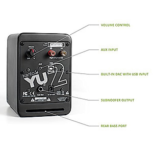Kanto YU2MB PC Gaming Desktop Speakers | 3" Composite Drivers | 3/4" Silk Dome Tweeter | Class D Amplifier | 100 Watts | Built-in USB DAC | Subwoofer Output | Pair | Matte Black