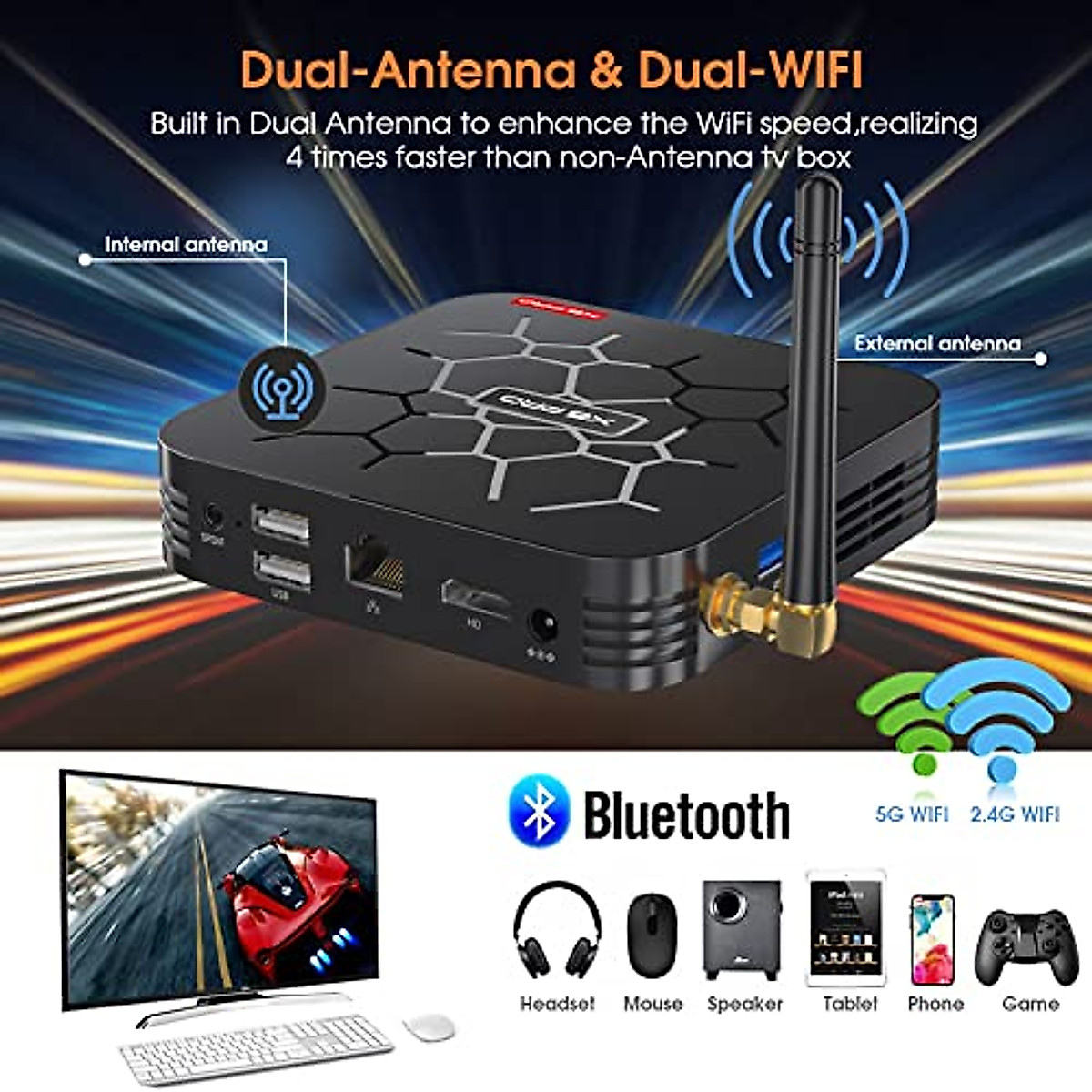 HKMLC Android TV Box, X6 PRO Android Box 10.0 4GB RAM 32GB ROM Allwinner H616 Quad-Core 64Bits, 2.4G/5.8GHz Dual-Band WiFi with BT Antenna 3D/4K Full HD/H.265/USB3.0 TV Box