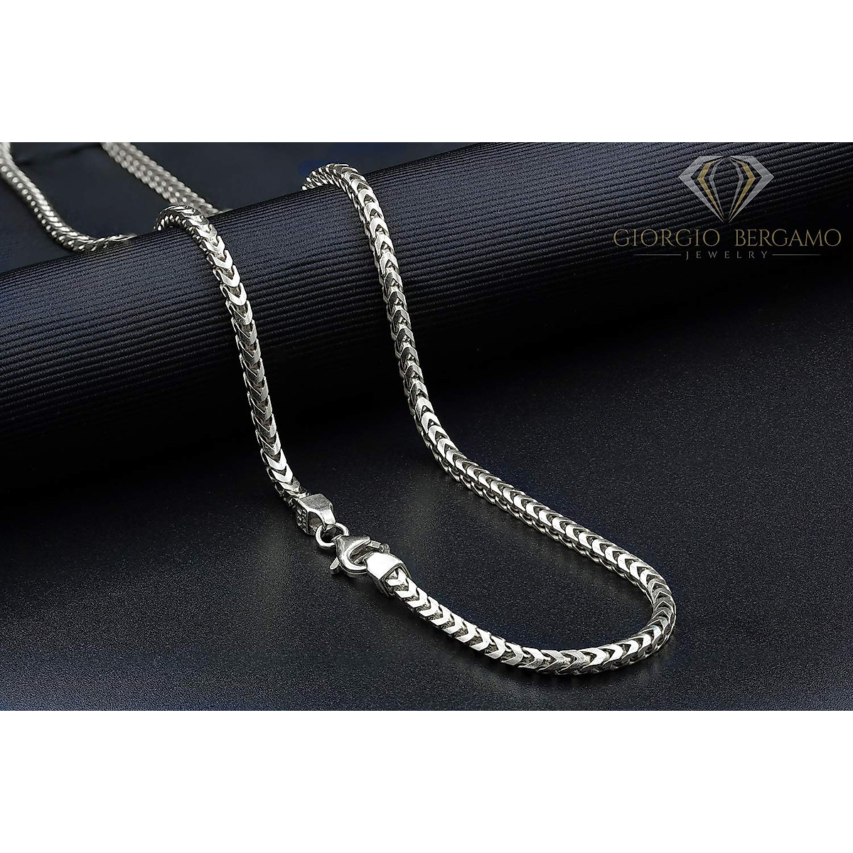 Giorgio Bergamo 925 Italian Sterling Silver 3mm Solid Franco Chain, Rhodium Plated Square Box Link Necklace, (24)