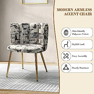 HULALA HOME Modern Dining Chairs Set of 2, Print Living Room Chair with Shell Back and Golden Metal Legs, Comfy Upholstered Cute Accent Chair for Living Room Bedroom Makeup Room Vanity, Grey