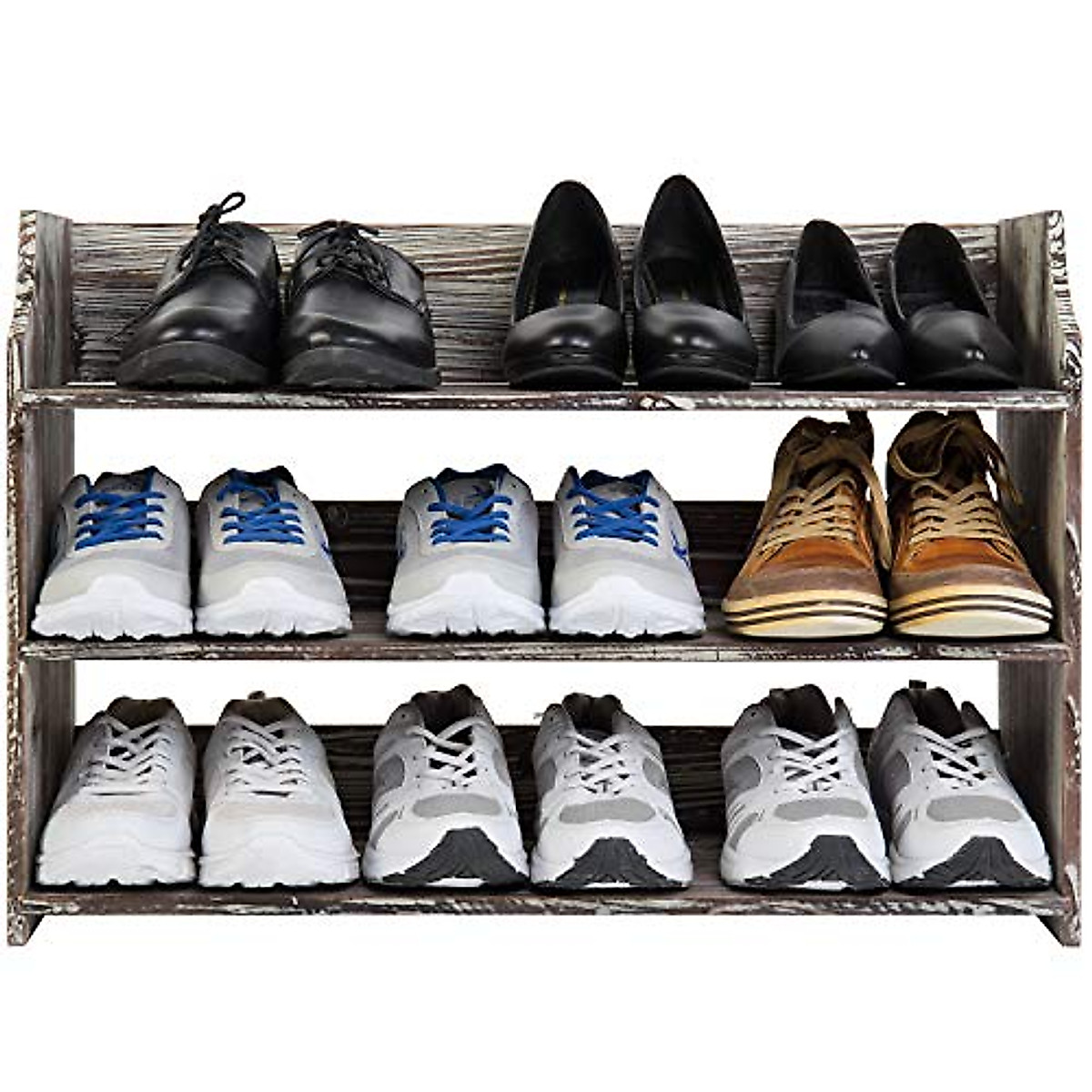 MyGift 3 Tier Rustic Torched Wood Wall Mounted/Freestanding Entryway Shoe Rack Storage Shelves, Closet Organizer Shelf