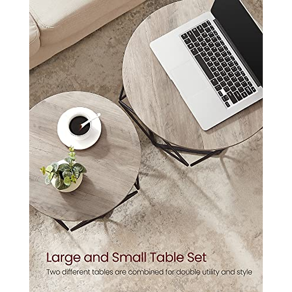 VASAGLE Small Coffee Table Set of 2, Round Coffee Table with Steel Frame, Side End Table for Living Room, Bedroom, Office, Greige and Black