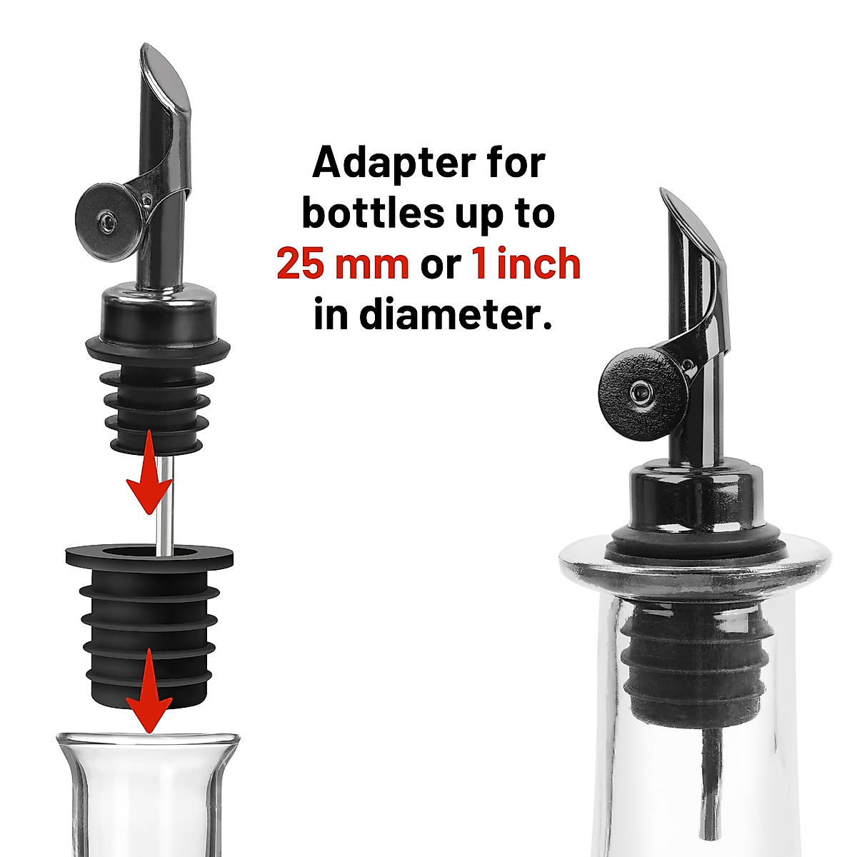 Liquor Pourer Adapters for Large Liquor Bottles and Olive Oil Bottles, Up to 1Inch/25mm Neck Bottle, Converts Regular Size Spout to Large Pouring Spout, 6 Pieces Set