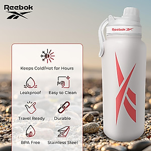 Reebok Stainless Steel Water Bottle With Athletic Design - Insulated Water Bottle 40 oz With Chug Lid - Double Wall Vaccum Insulated Sports Water Bottle, BPA Free (White)