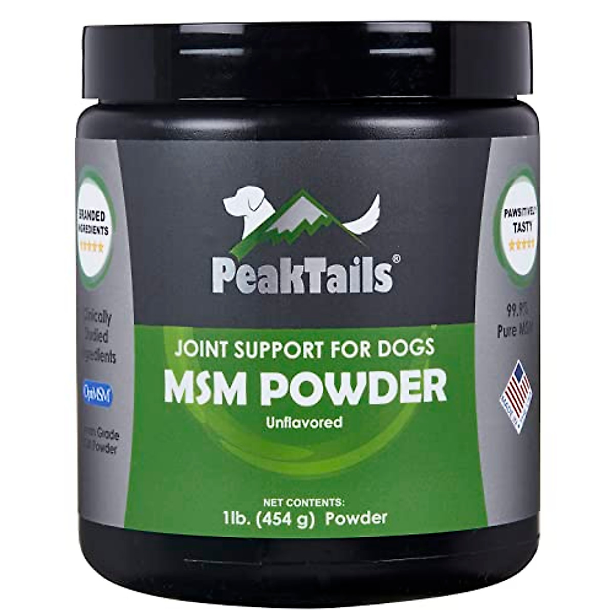 PeakTails MSM Powder for Dogs, 1 lb, Hip and Joint Support Supplement, 99.9% Pure Distilled MSM, Made in The USA