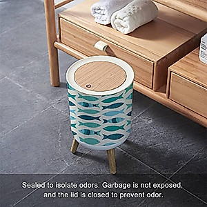 Trash Can with Lid Coastal Fish Seamless Blue and Teal Green Fish on a Light Sand Modern Press Cover Small Garbage Bin Round with Wooden Legs Waste Basket for Bathroom Kitchen Bedroom 7L/1.8 Gallon