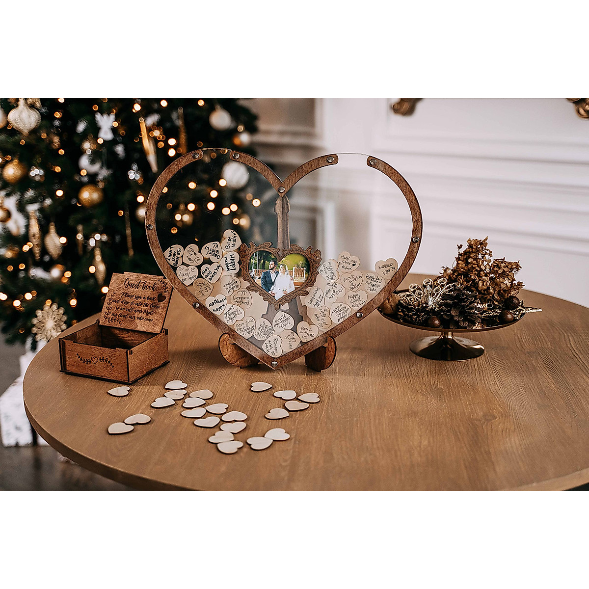 Wedding Guest Book Alternative, Drop Top Frame with Photo, Rustic Wedding, Guest Book Sign, Wooden Box with Hearts - 80 pcs, Shadow Box for Wedding, Baby Shower, Anniversary (Oak-Transparent)