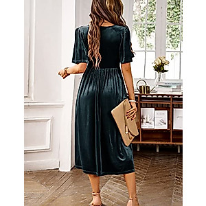 Zilcremo Women Deep V Neck Elegant Velvet Dress Bell Sleeve Lace Flowy Midi Party Dresses Greyblue S