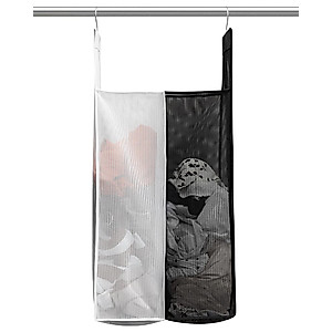 ALYER 2 Sections Collapsible Mesh Laundry Hamper,Hanging Heavy Duty Laundry Basket and Durable Dorm Bathroom Storage Bag with Two Hangers,Black & White
