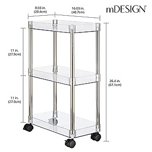 mDesign Slim Portable 3-Tier Household Rolling Storage Cart for Bathroom, Kitchen, Craft Room, Laundry Room, Office, and Kid's Playroom - 4 Rotating Wheels - Clear/Chrome