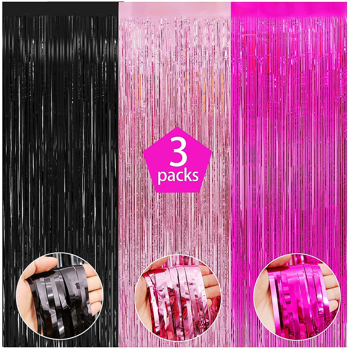 WIQEDOHA 3 Pack Foil Curtains-8x9.84 Ft Rose Red Pink and Black Fringe Metallic Backdrop Curtain for Minie Mouse Themed Baby Shower Birthday Nursery Party Decorations