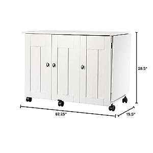 BOWERY HILL Engineered Wood Drop-Leaf Sewing or Craft Table with Melamine Top Surface, Storage Behind Roll-Open Door, Easy-roll Casters in Soft White