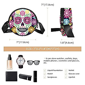 Sugar Skull Flowers Day of the Dead Crossbody Bag for Women Teen Girls Round Canvas Shoulder Bag Purse Tote Handbag Bag