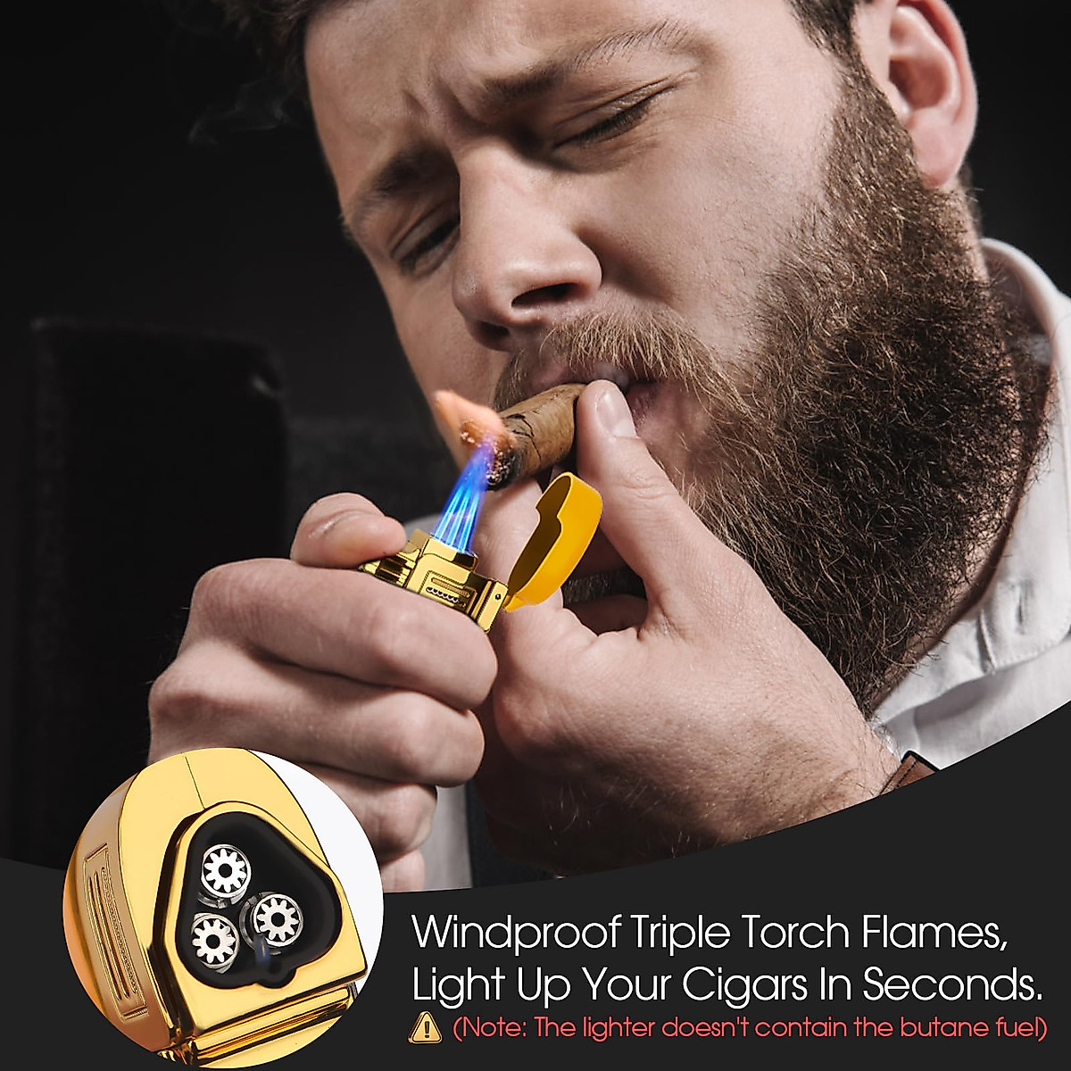 Torch Cigar Lighter with Triple Windproof Flame, Cigar Punch, Cigar Holder, Trendy Gift for Birthday Festival, Adjustable & Refillable Butane Cool Lighters for Smoking, Candles, Outdoors