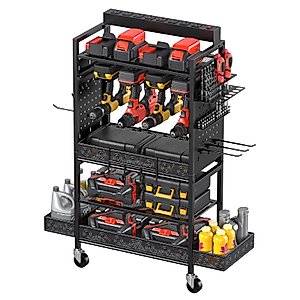 CCCEI Garage Power Tools Organizer Cart with Charging Station, Black Floor Standing Rolling Drill and Tools Battery Storage Cart on Wheels. Utility Rack Gift for Men, Husband, Father.