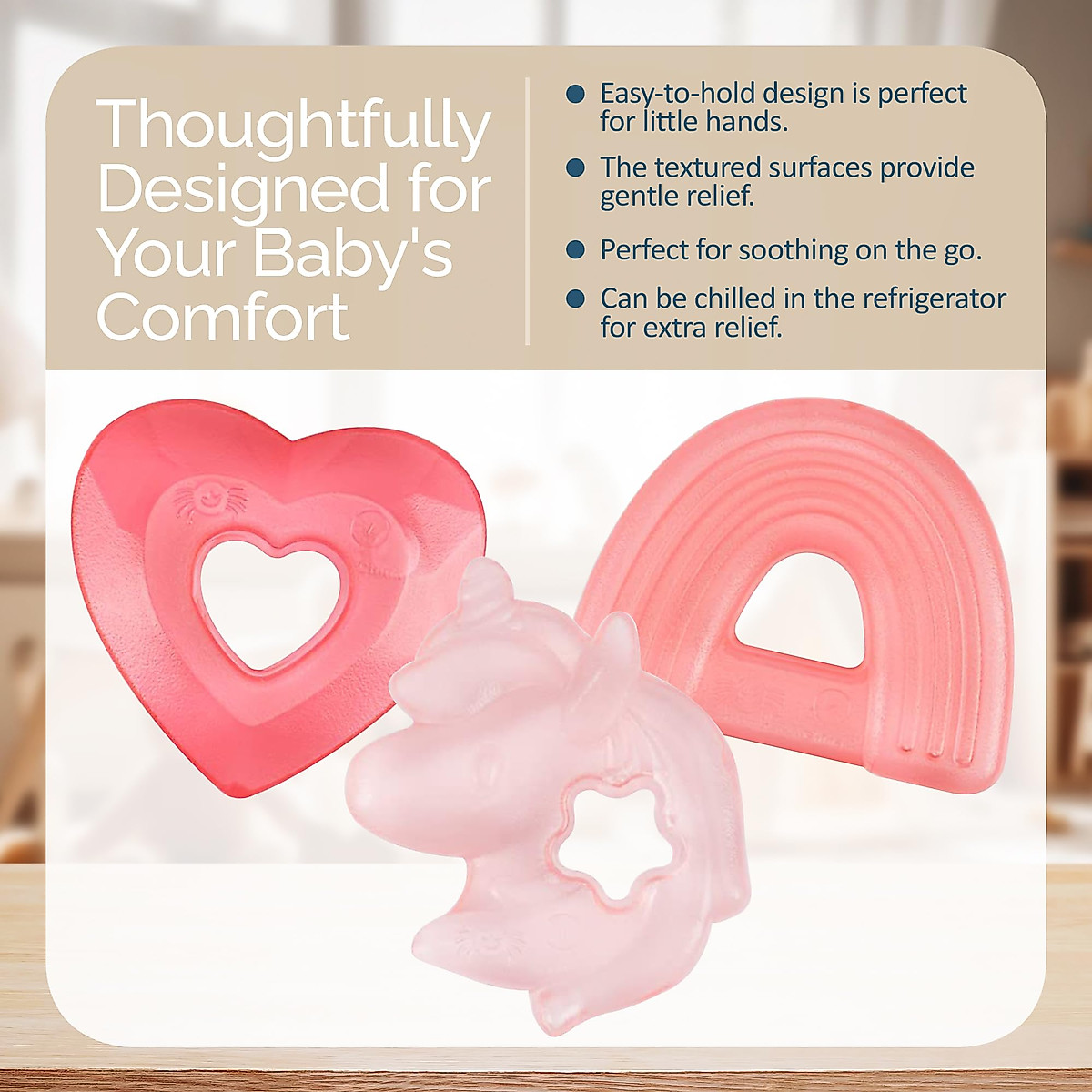 Itzy Ritzy Water-Filled Teethers - Cold Cutie Coolers Textured On Both Sides to Massage Sore Gums & Emerging Teeth - Can Be Chilled in Refrigerator, Set of 3 Coordinating Pink Unicorn Water Teethers