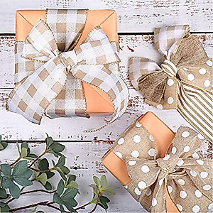 4 Rolls Burlap Fabric Ribbon Burlap Edge Ribbon White Dot Plaid Stripe Ribbon Rustic Farmhouse Craft Ribbon for DIY Present Wrapping Wreath Floral Bow Craft Decor, 2.5 Inch x 20 Yard (Gray)