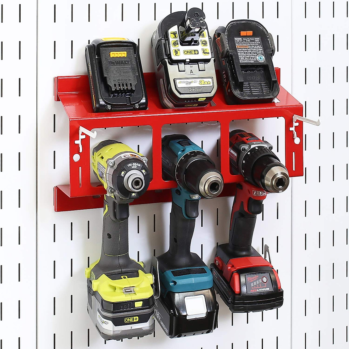 Wall Control Drill Holder Power Tool Storage Rack - Compact Impact Drill Battery Power Tool Pegboard Organizer Pegboard (Red)