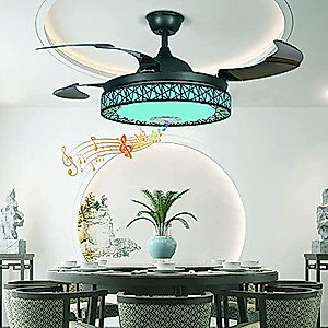 MoreChange 42” Retractable Ceiling Fans with Lights and Remote Control, Invisible Modern Chandelier Fan Lighting with Bluetooth Speaker Play Music 7 Colorful Dimmable Fixture for Bedroom/Living Room