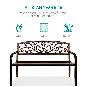 Best Choice Products Outdoor Bench Steel Garden Patio Porch Furniture for Lawn, Park, Deck w/Floral Design Backrest, Slatted Seat - Brown
