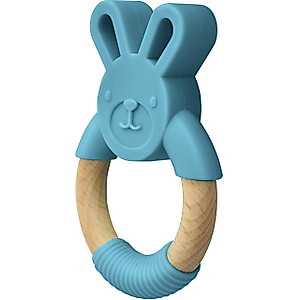 LittleFoot Nation Organic & Natural Bunny Rabbit Baby Teether Ring, 100% BPA Free Pure Food Grade Silicone & Beech Wood, Teething Pain Relief Toy for Toddlers & Infants (Blue)