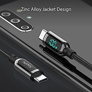 SOOPII 100W 4ft USB C to USB C Cable Fast Charge, Nylon Braided Type-C Cable with LED Display for lPad Air/lPad Pro, MacBook Pro, Samsung Galaxy S21/S10/S9/Plus (Black)