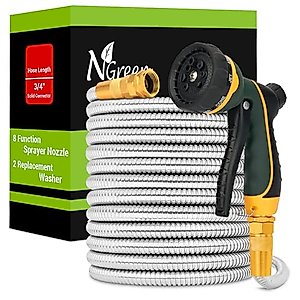 NGreen Stainless Steel Garden Hose - Flexible Metal Water Hose with Nozzle, Puncture, Rust Proof and Corrosion Resistant, Never Kink and High Pressure, Collapsible and Easy to Store (25FT)